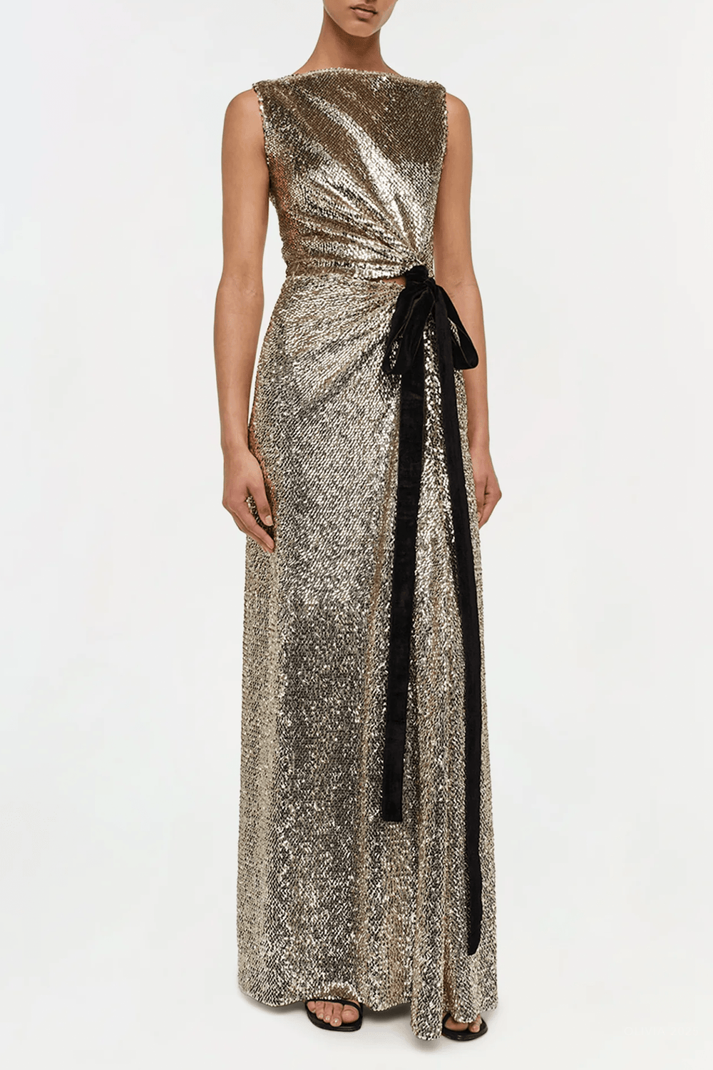 Felicity Draped Sequin Gown in Gold Multi