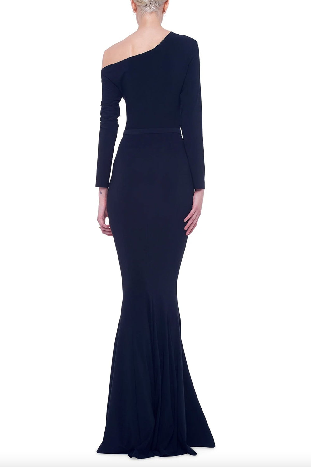 Long Sleeve Drop Shoulder Fishtail Gown in Black
