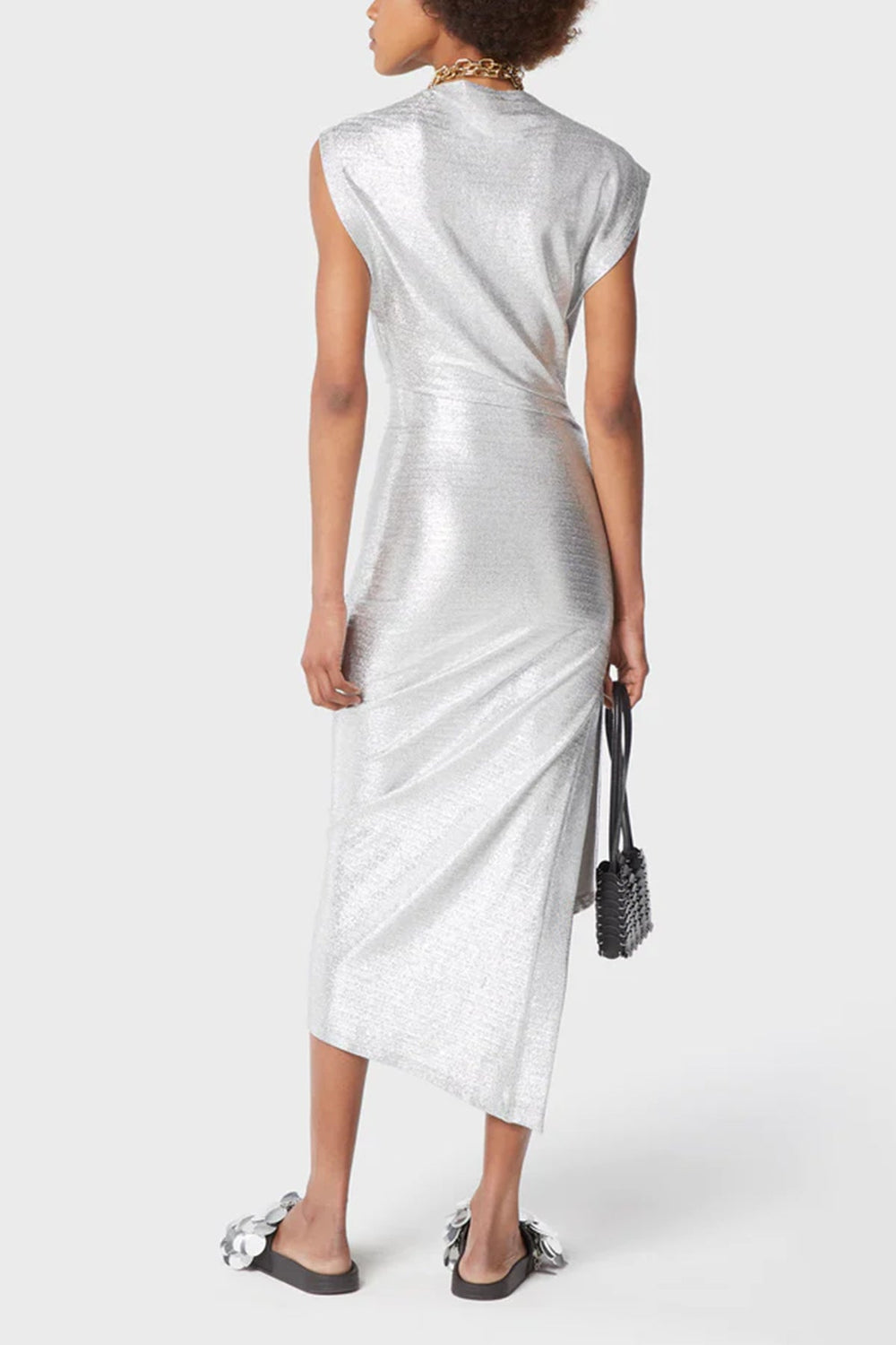 Side Gathered-Detail Midi Dress in Silver